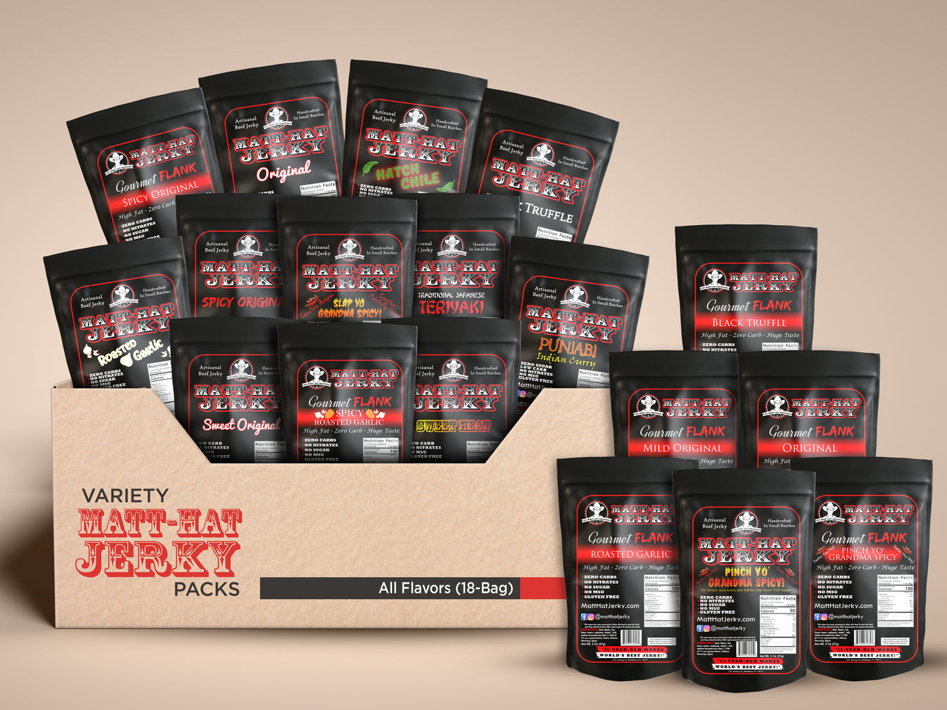 18-Bag ALL FLAVORS Beef Jerky Variety Pack – Matt-Hat Jerky